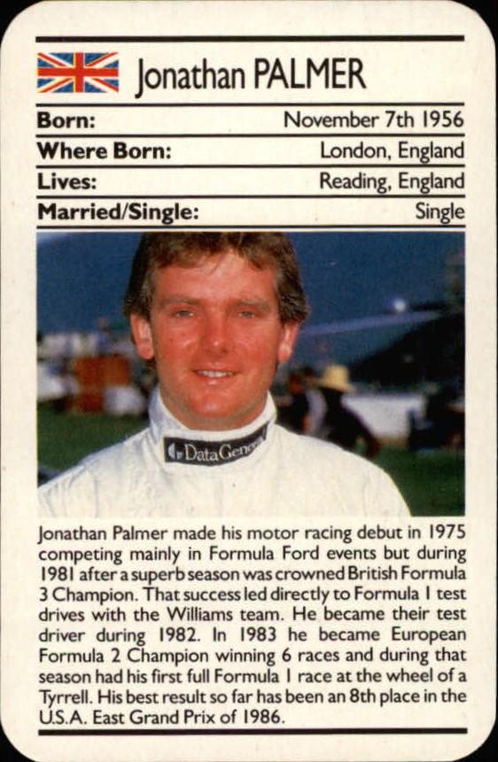 Jonathan Palmer Racing Price Guide | Jonathan Palmer Trading Card Value ...